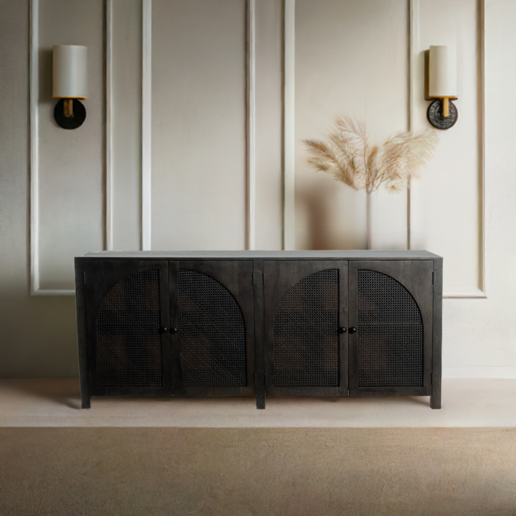 The Fox Roe Tilda Sideboard in Washed Black Finish and Rattan Doors